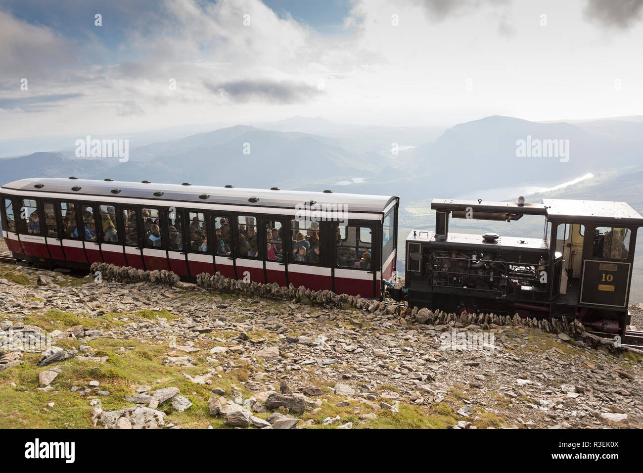 Snowdon Mountain Railway train, summit of Snowdon, Snowdonia National Park, Gwynedd, Wales, UK ...
