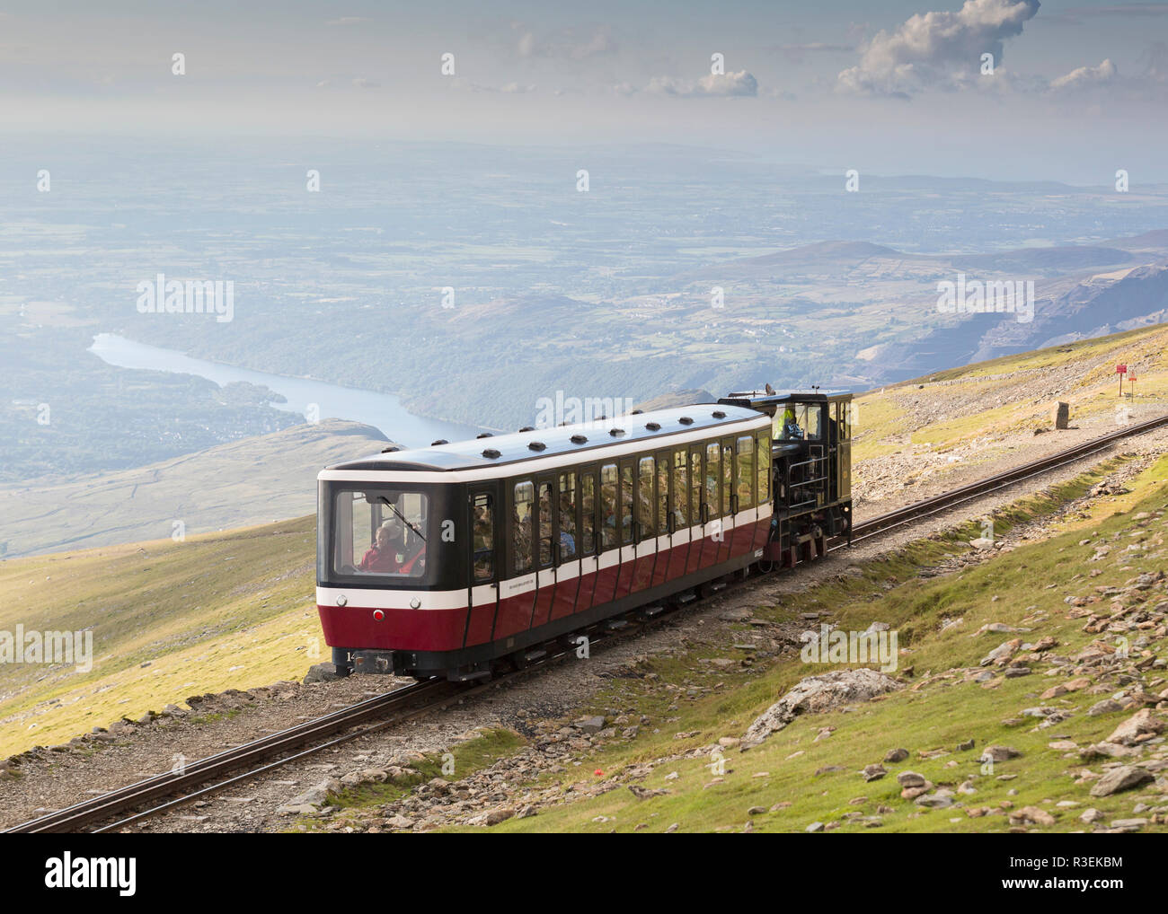 Snowdon Mountain Railway train, summit of Snowdon, Snowdonia National ...