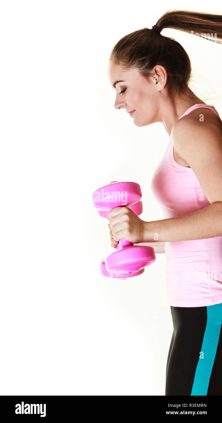 Fitness girl fit woman with dumbbells, doing exercise with dumb bells ...
