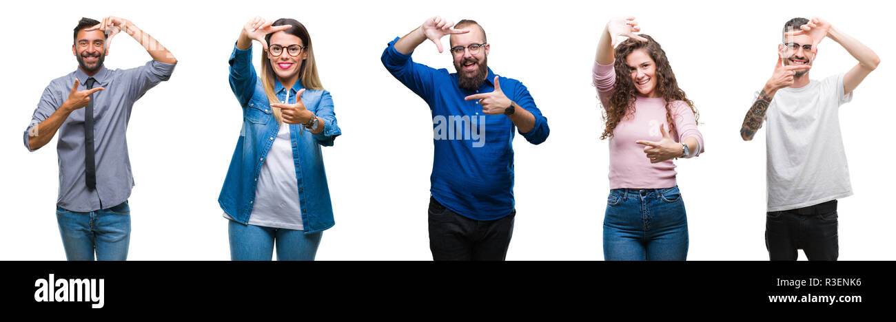 Collage of group of young casual people over isolated background ...