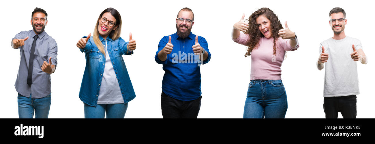Collage of group of young casual people over isolated background ...