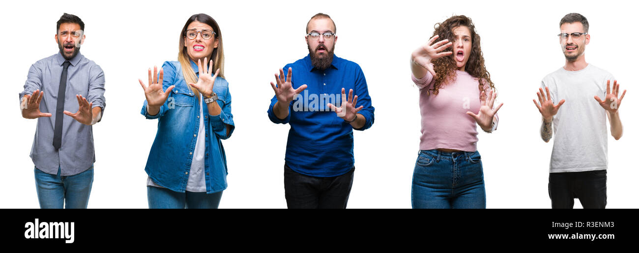 Collage of group of young casual people over isolated background afraid ...