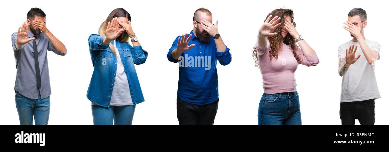 Collage of group of young casual people over isolated background ...