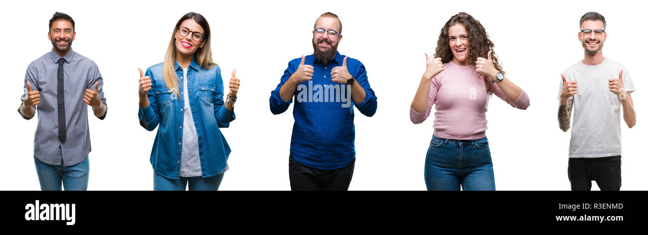 Collage of group of young casual people over isolated background ...