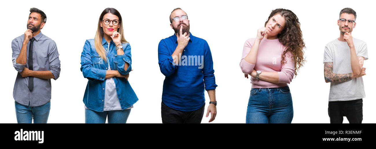 Collage of group of young casual people over isolated background with ...