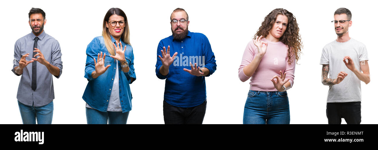 Collage of group of young casual people over isolated background ...