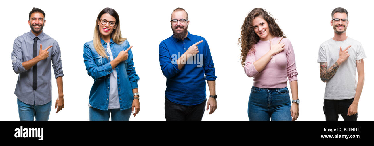 Collage of group of young casual people over isolated background ...