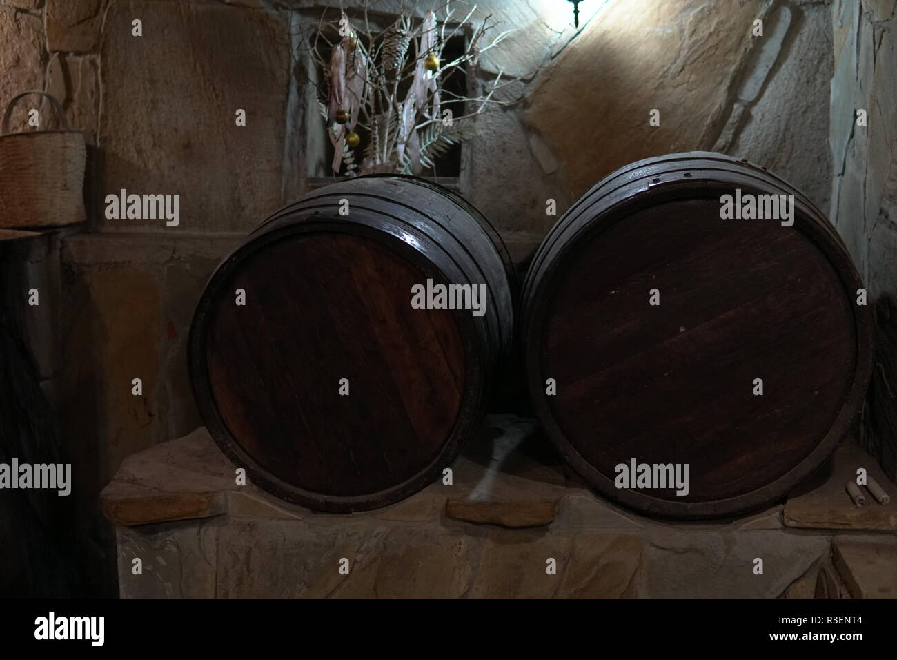 vintage wine cellar cask wine and Stock Photo - Alamy