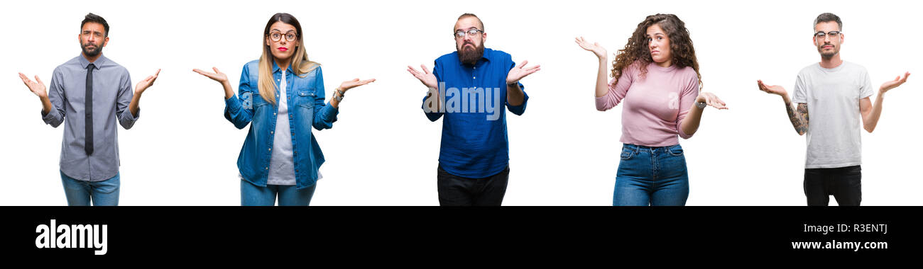 Collage of group of young casual people over isolated background ...