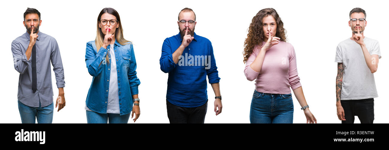 Collage of group of young casual people over isolated background asking ...