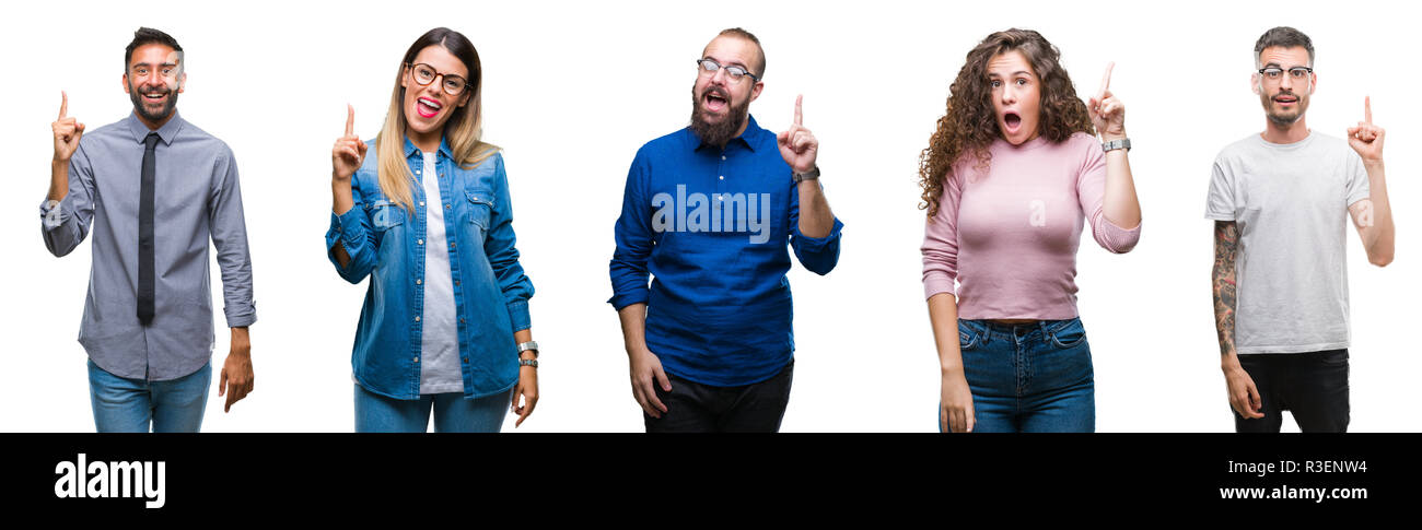 Collage of group of young casual people over isolated background ...