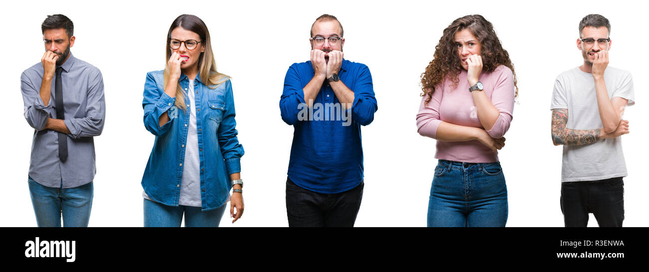 Collage of group of young casual people over isolated background ...