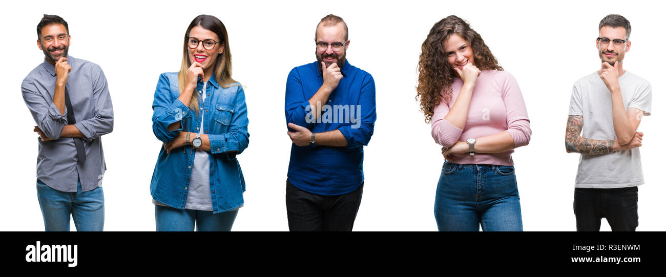 Collage of group of young casual people over isolated background ...