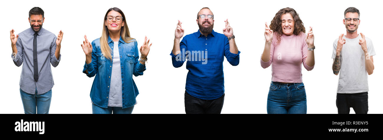 Collage of group of young casual people over isolated background ...