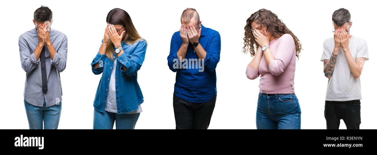 Collage of group of young casual people over isolated background with ...