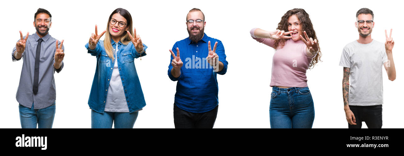 Collage of group of young casual people over isolated background ...