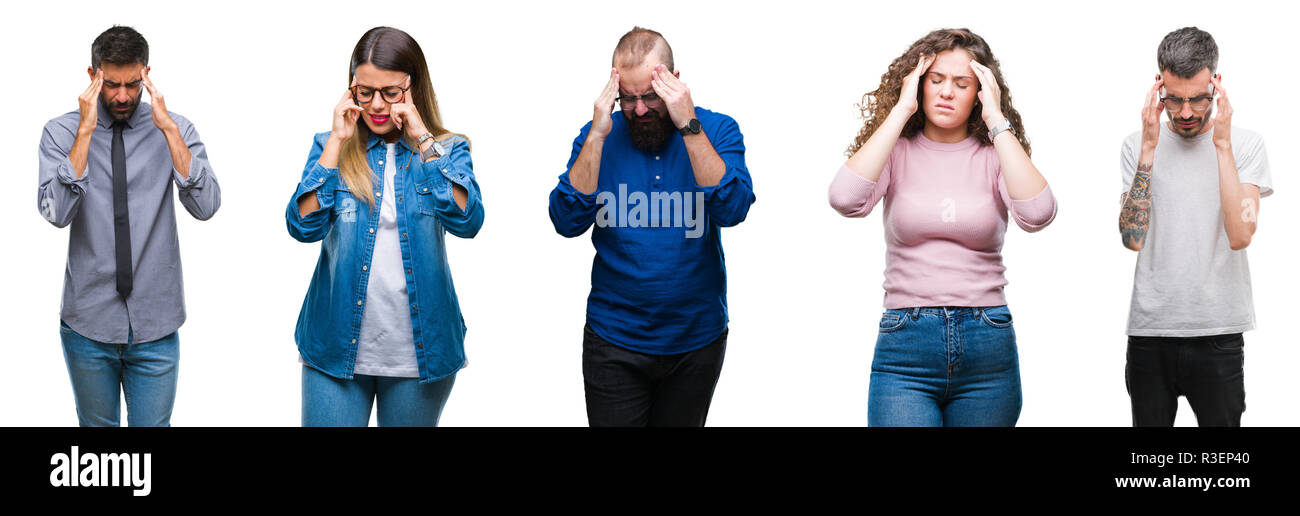 Collage of group of young casual people over isolated background with ...