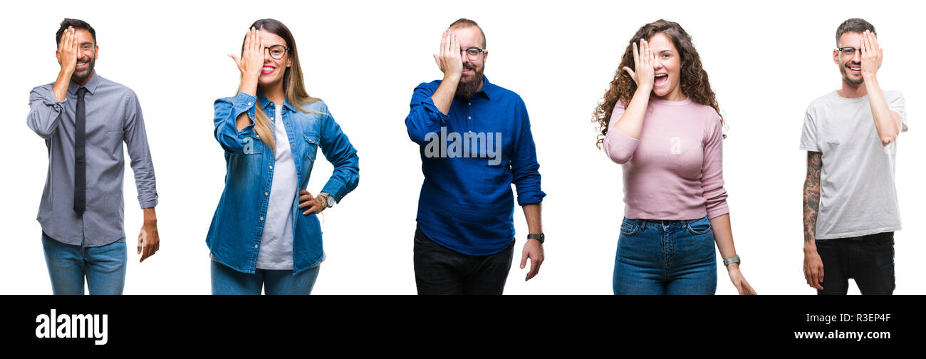 Collage of group of young casual people over isolated background ...