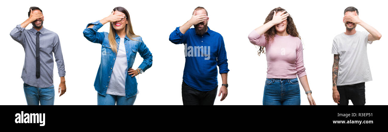 Collage of group of young casual people over isolated background ...