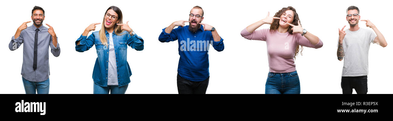 Collage of group of young casual people over isolated background ...