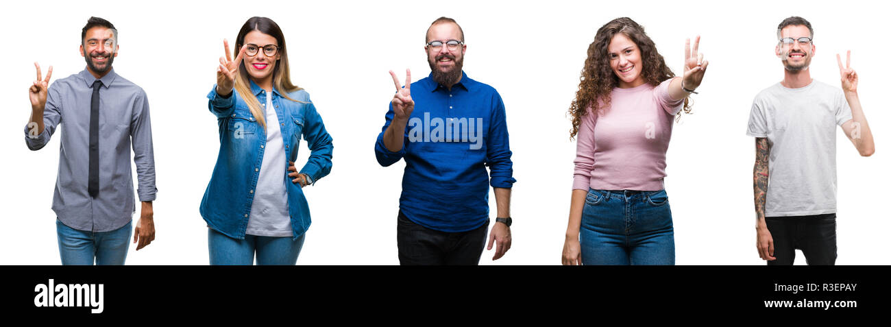 Collage of group of young casual people over isolated background ...