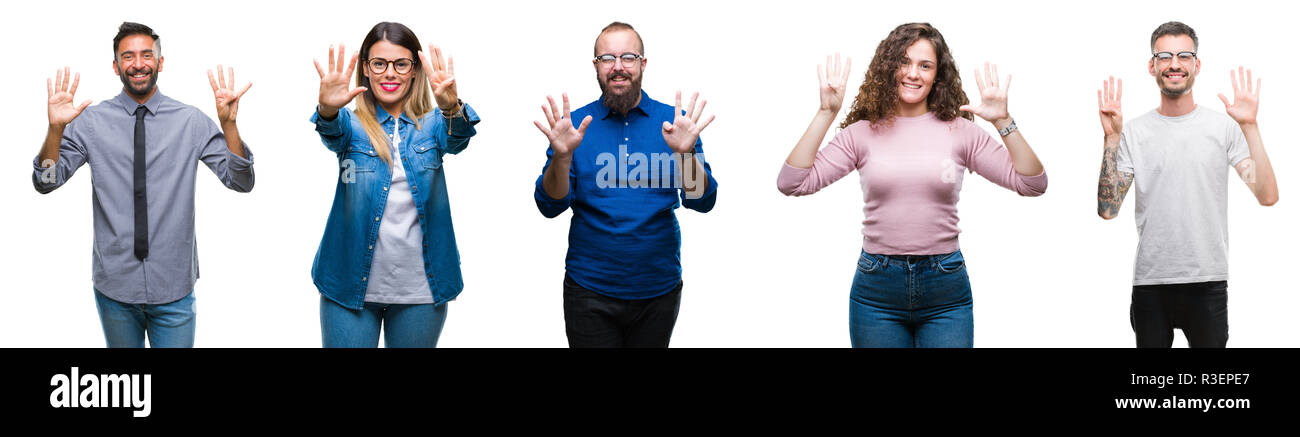 Collage of group of young casual people over isolated background ...