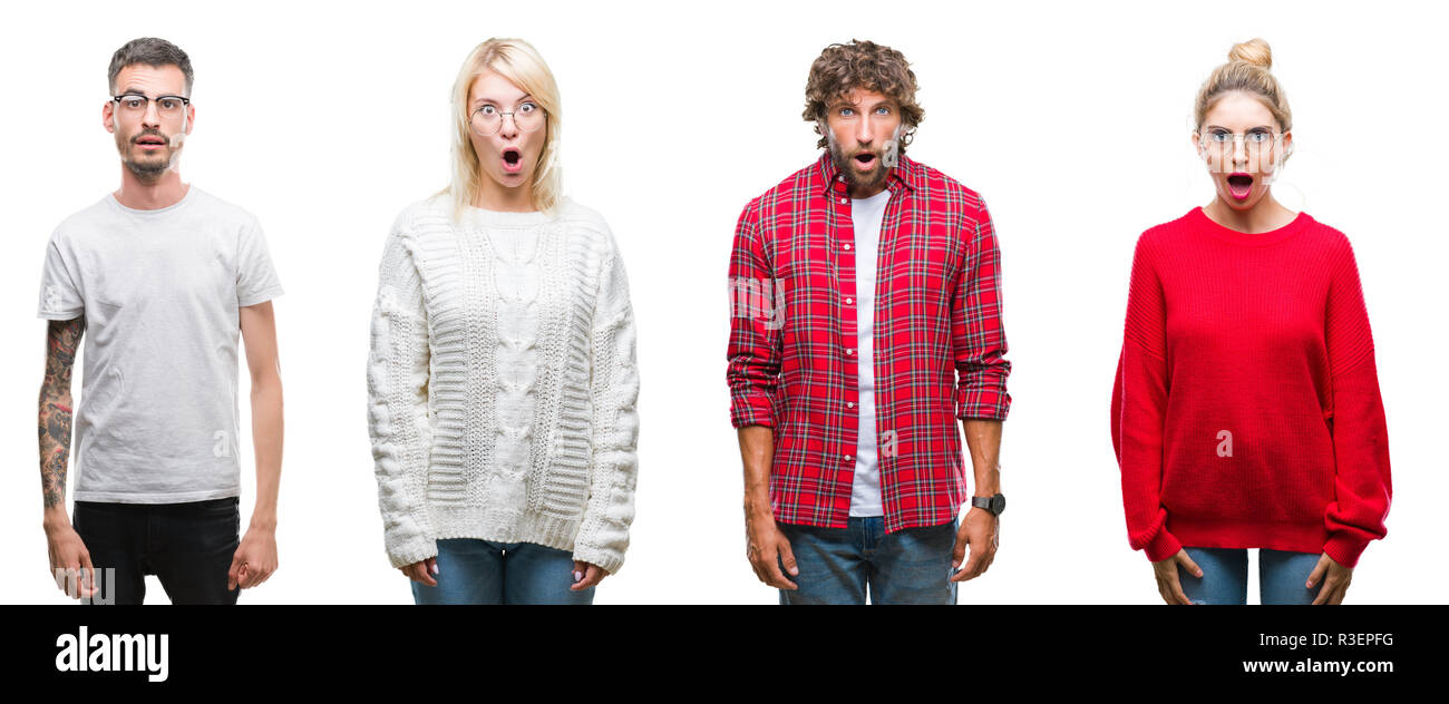 Collage of group of young people over white isolated background afraid ...