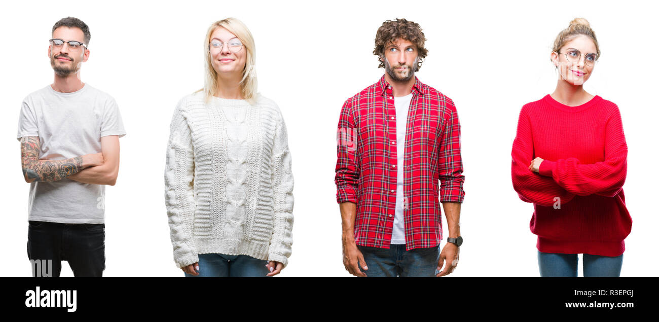 Collage of group of young people over white isolated background smiling ...