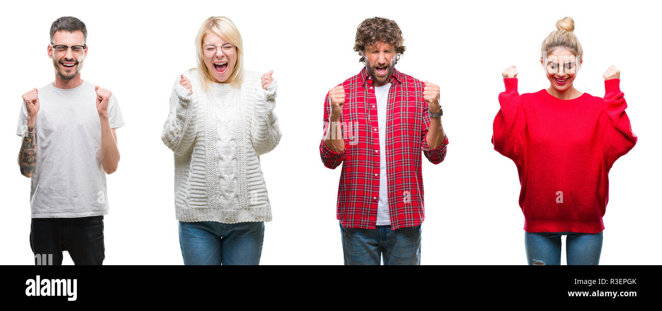 Collage of group of young people over white isolated background excited ...