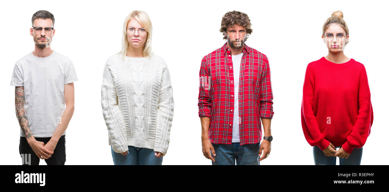 Collage of group of young people over white isolated background skeptic ...