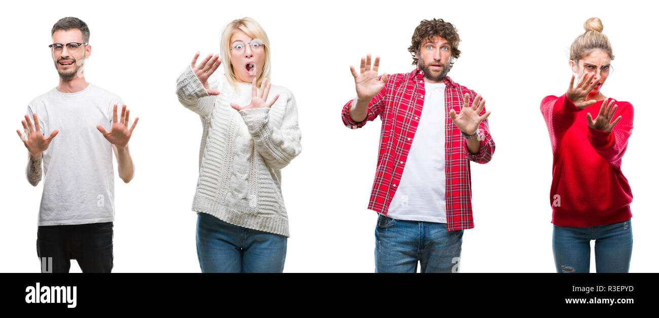 Collage of group of young people over white isolated background afraid ...