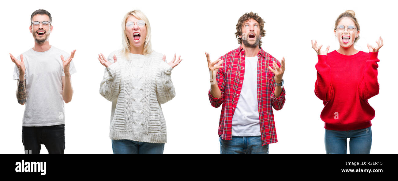 Collage of group of young people over white isolated background crazy ...