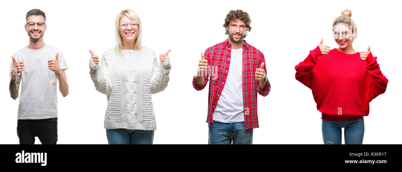 Collage of group of young people over white isolated background success ...