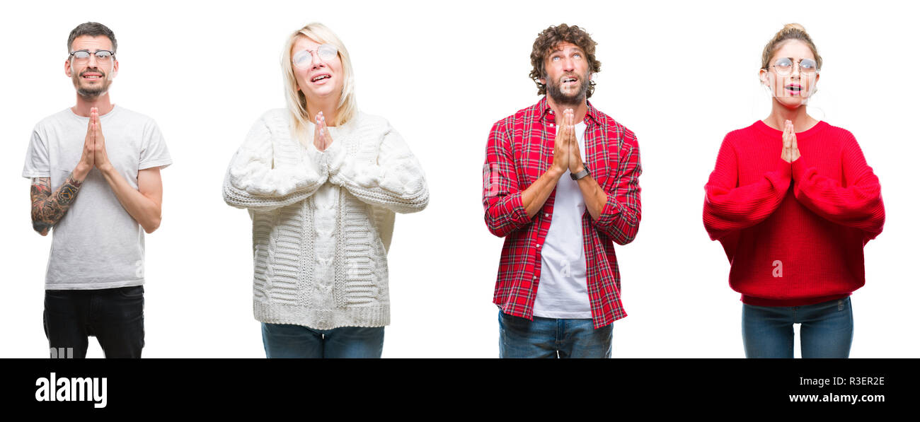 Collage of group of young people over white isolated background begging ...