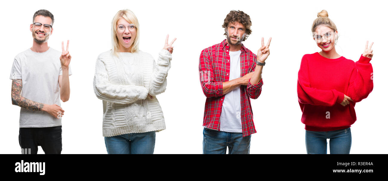 Collage of group of young people over white isolated background smiling ...