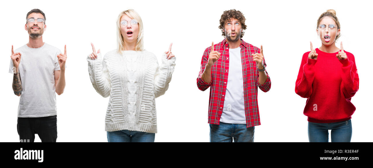 Collage of group of young people over white isolated background amazed ...