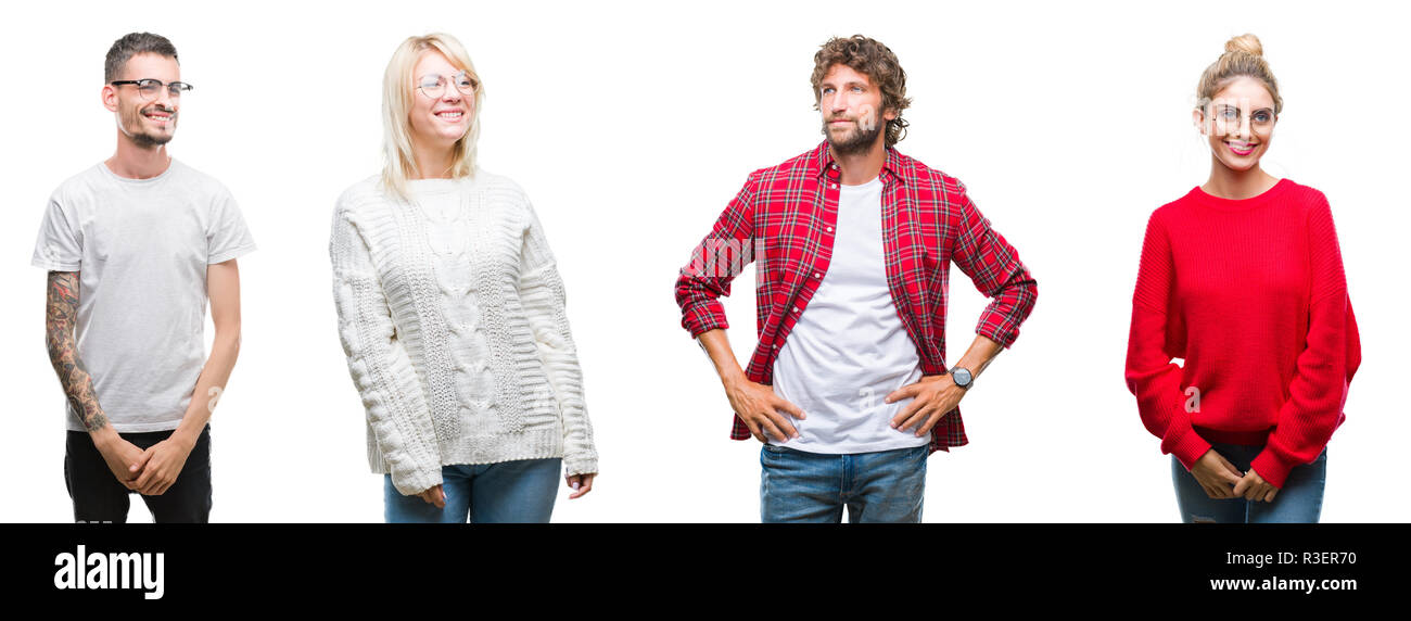 Collage of group of young people over white isolated background looking ...