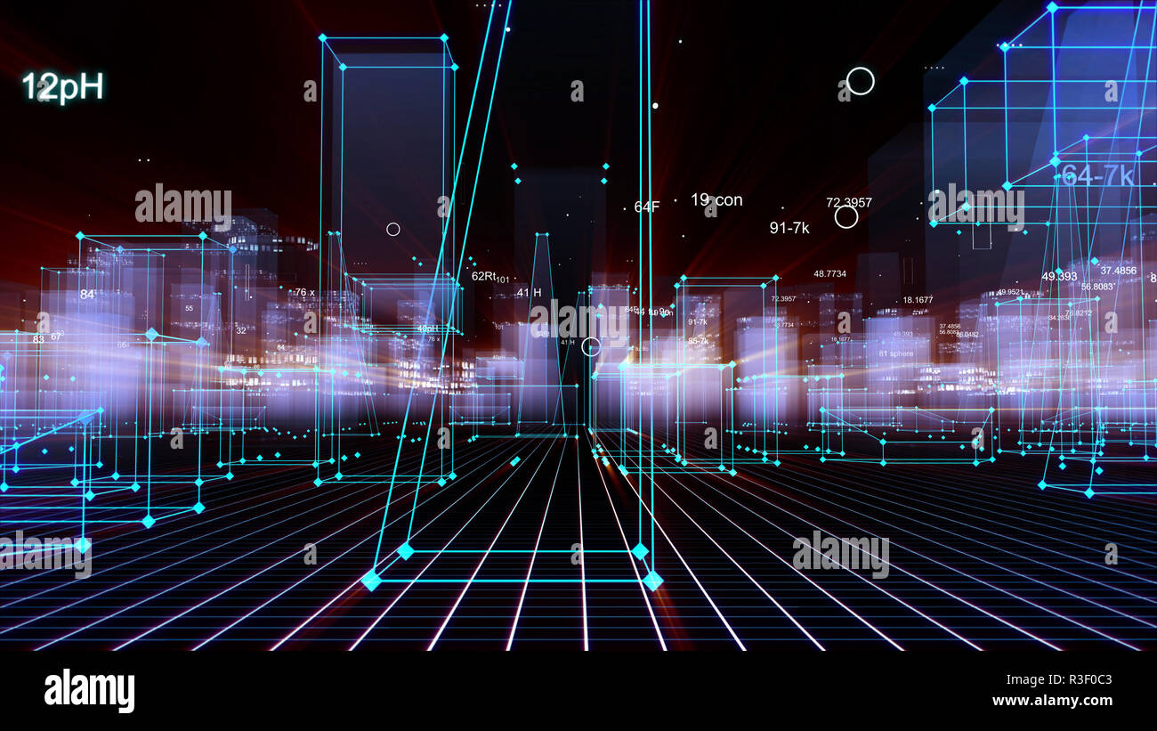 3D Rendering abstract technological digital city from data in ...