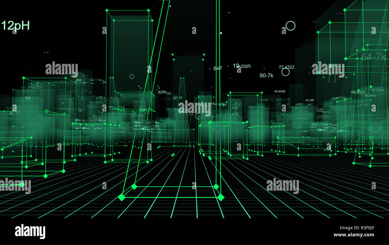 3D Rendering abstract technological digital city from data in ...
