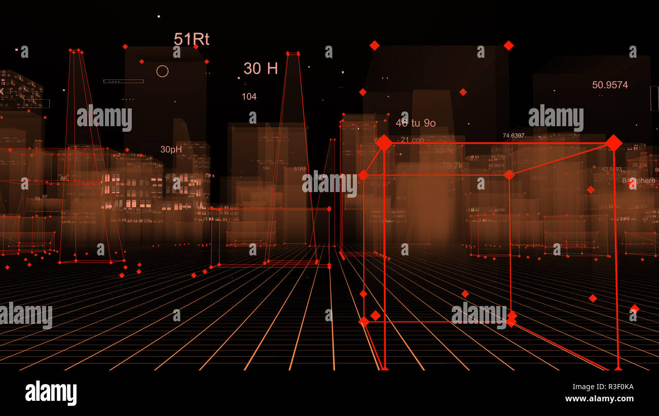 3D Rendering abstract technological digital city from data in ...