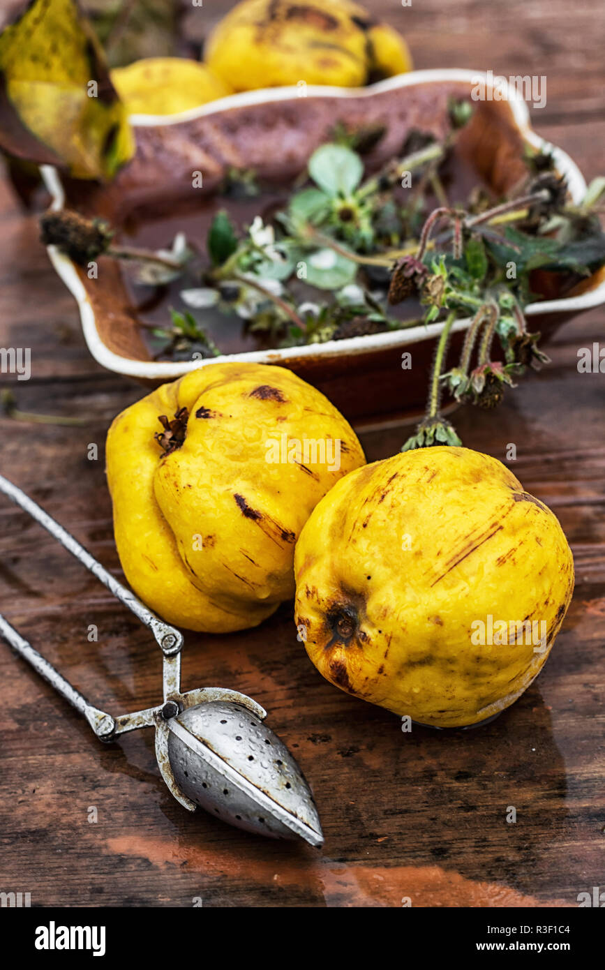 herbs,homemade custard tea with quince Stock Photo - Alamy