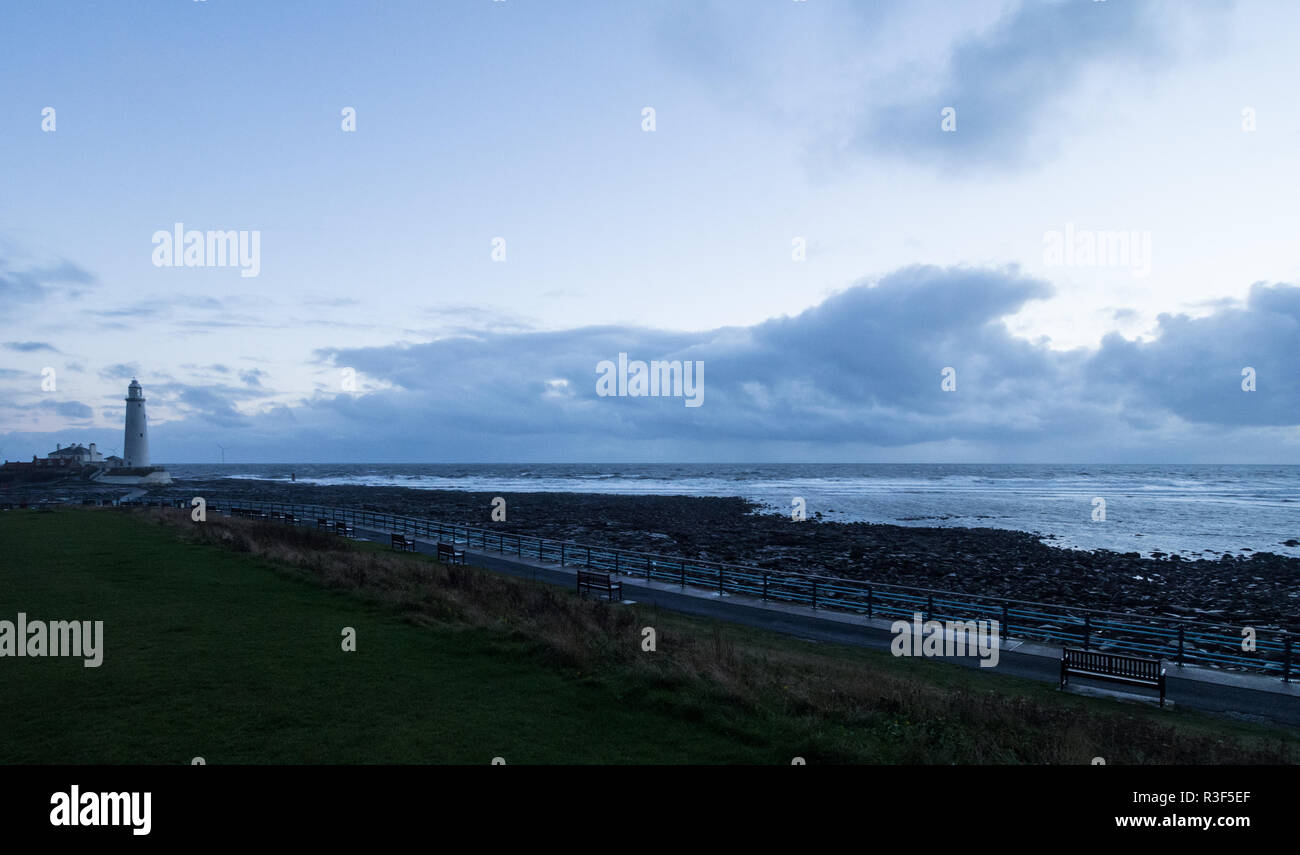 Early on a stormy November morning at St. Mary's Island, Whitley Bay ...