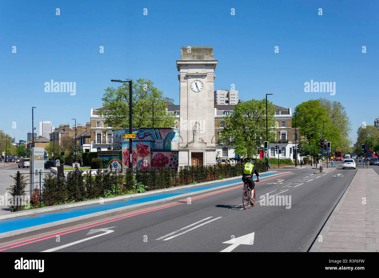 Cyclist stockwell war memorial clocktower clapham road borough o hi-res ...