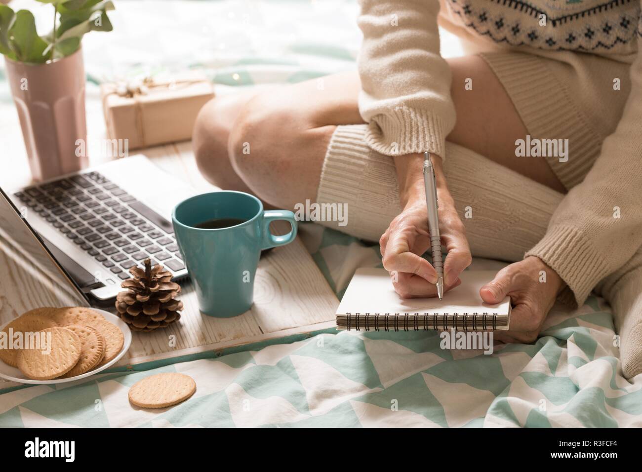background - beautiful cozy morning and and the girl is planning her ...