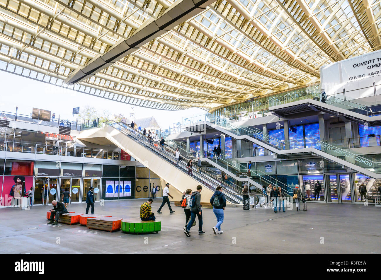 Patio of the Forum des Halles underground shopping mall in the center ...