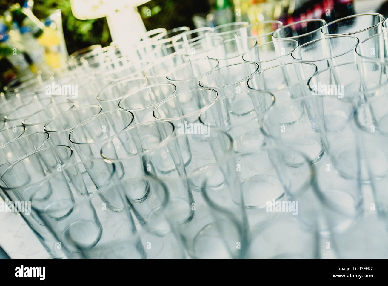 Many glass glasses ready to serve drinks at a party Stock Photo - Alamy