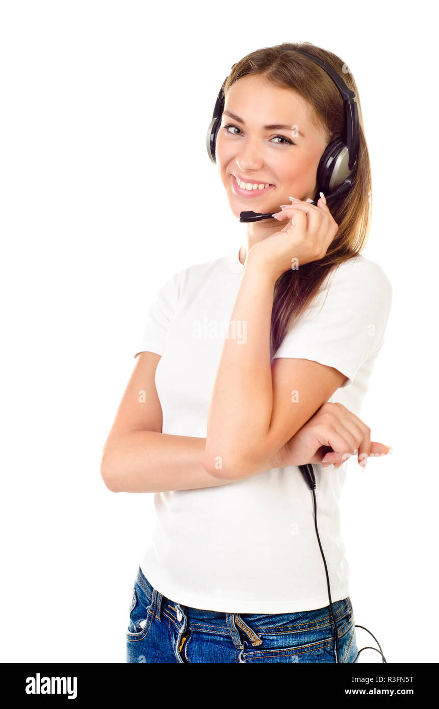 young girl with headset isolated on a white background Stock Photo - Alamy