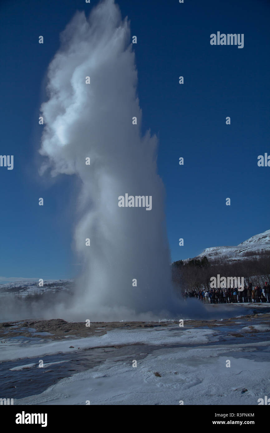 Erupting Strokkur geyser (geysir) in winter, The Golden Circle, Iceland ...