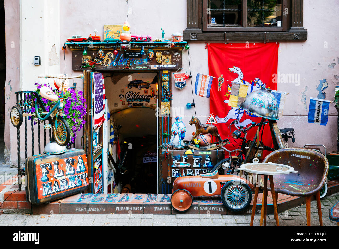 Flea market shop entrance with old toys. Vilnius, Vilnius County ...