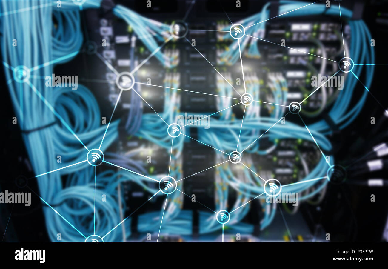 Wi fi network abstract structure on modern server room background Stock ...